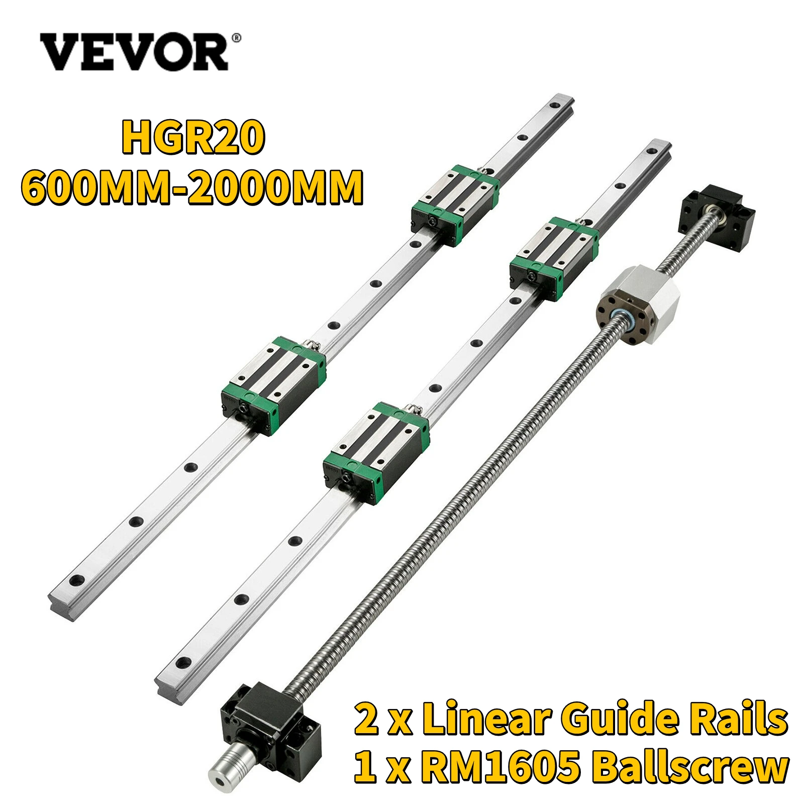 Vevor Hgr20 2pcs Linear Guide Rails 700-2000mm 4pcs Slide Blocks Rm1605 ...