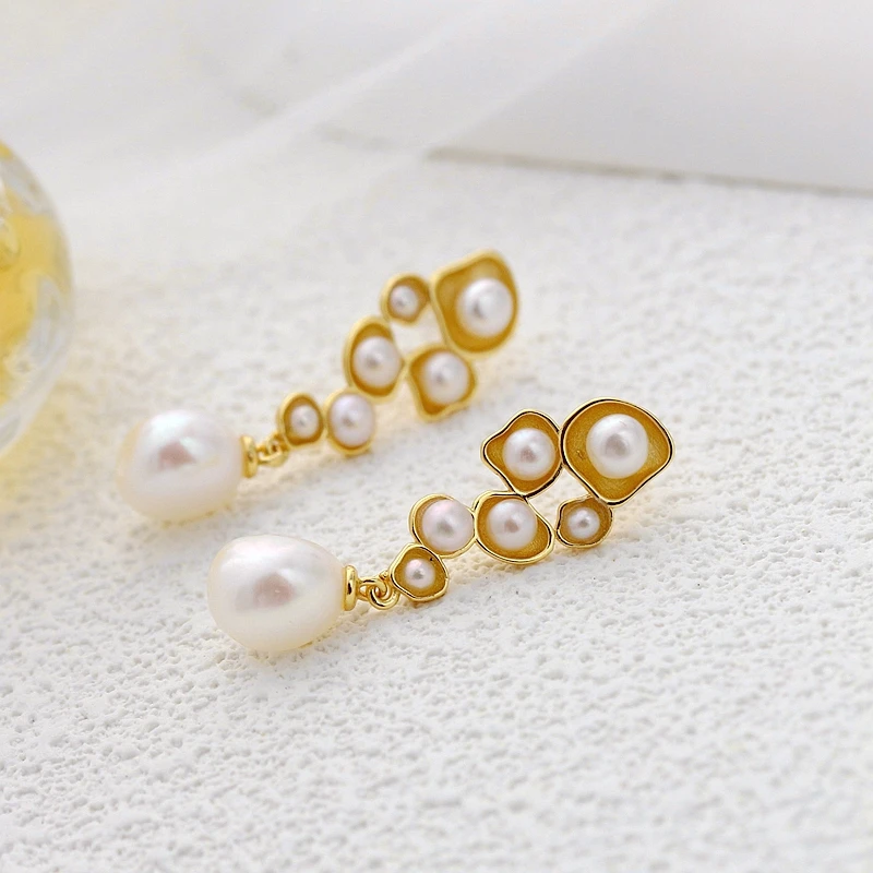 Handmade Creative 18K Gold Plated Trendy Earring Inlaid Natural Baroque ...