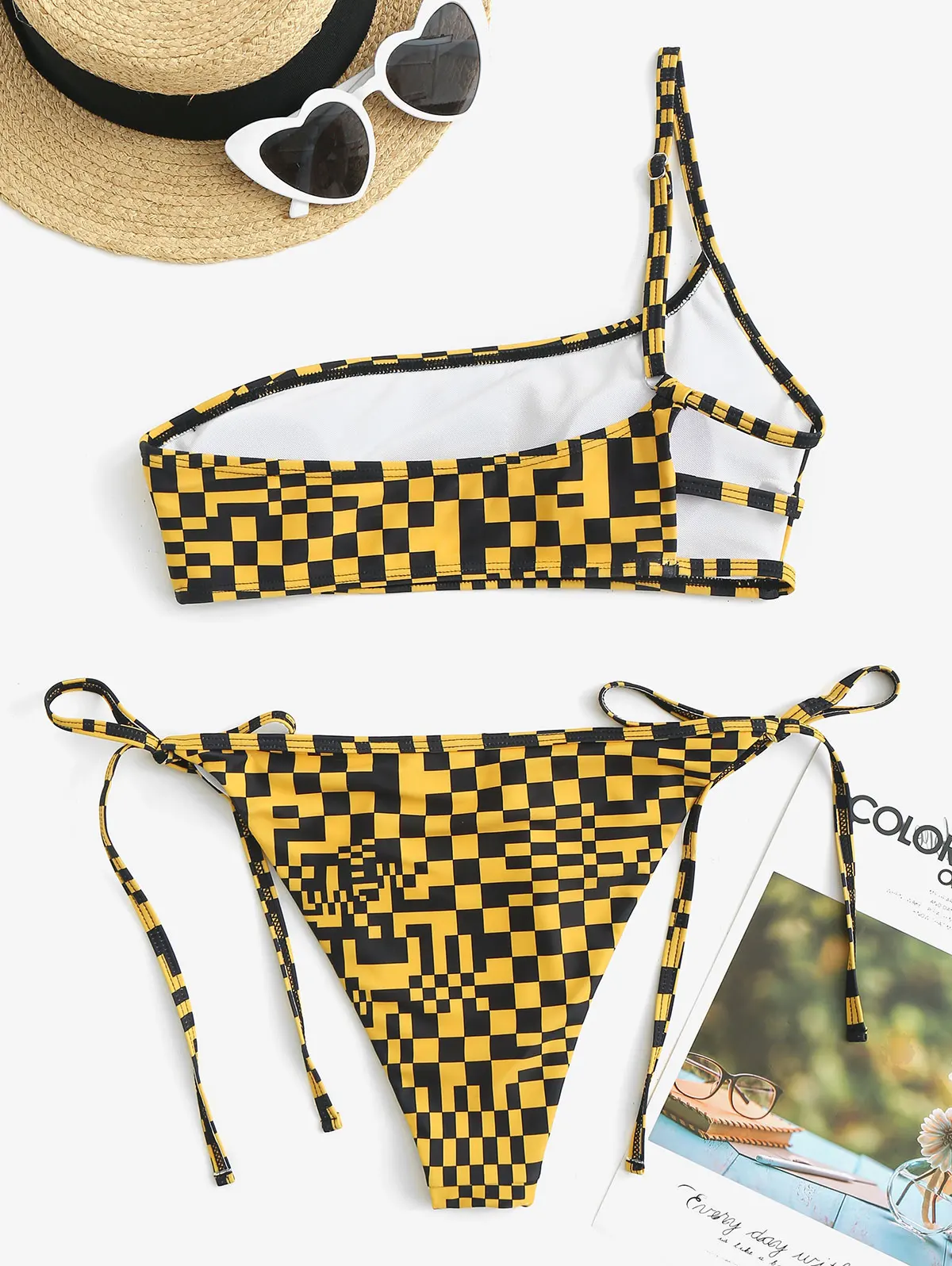 TAVIMART - One Shoulder Checkerboard Tie Ladder Cutout Bikini Swimwear ...