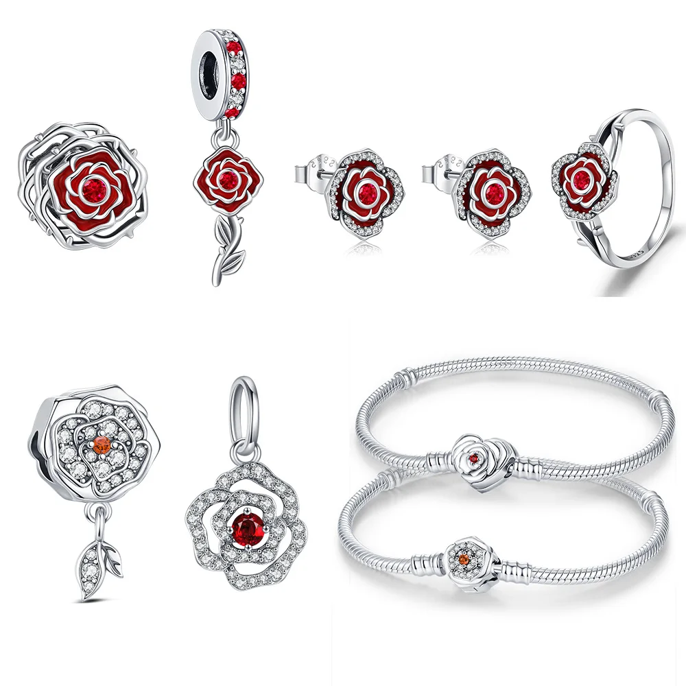 925 Sterling Silver Rose Jewelry Set - Romantic Flower Ring, Earrings ...