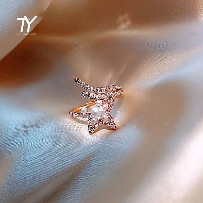 Advanced-Design-Sense-Zircon-Pearl-Star-Shaped-Opening-Rings-For-Woman ...