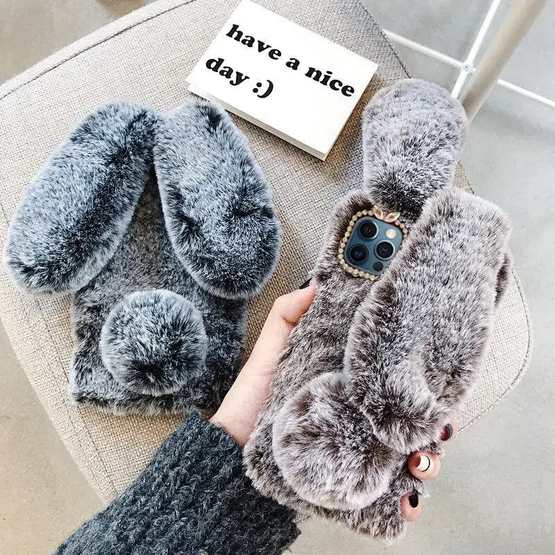 3D Cute Rabbit Fur Phone Case For iPhone 16 Pro Max Bunny Fluffy Plush ...