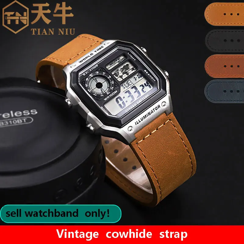 18mm cowhide Watchband for Casio small square strap AE1200/AE-1300/1500 ...