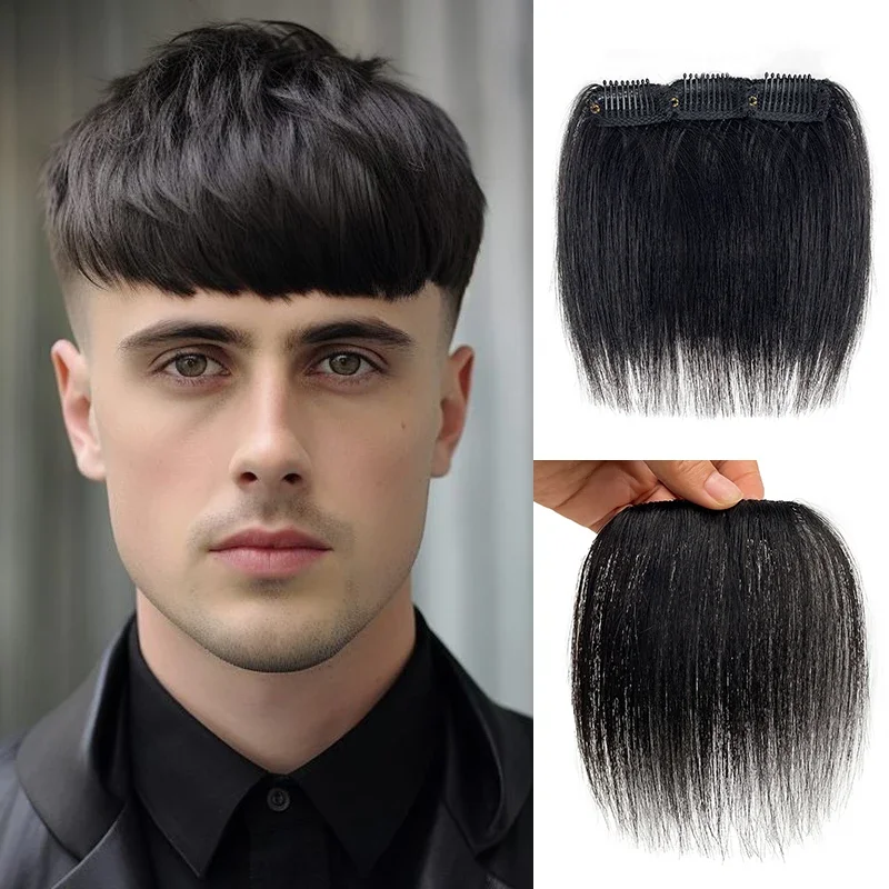10cm-Hair-Bangs-for-Mens-Clips-in-Real-Hair-Bang-Cover-High-Forehead ...