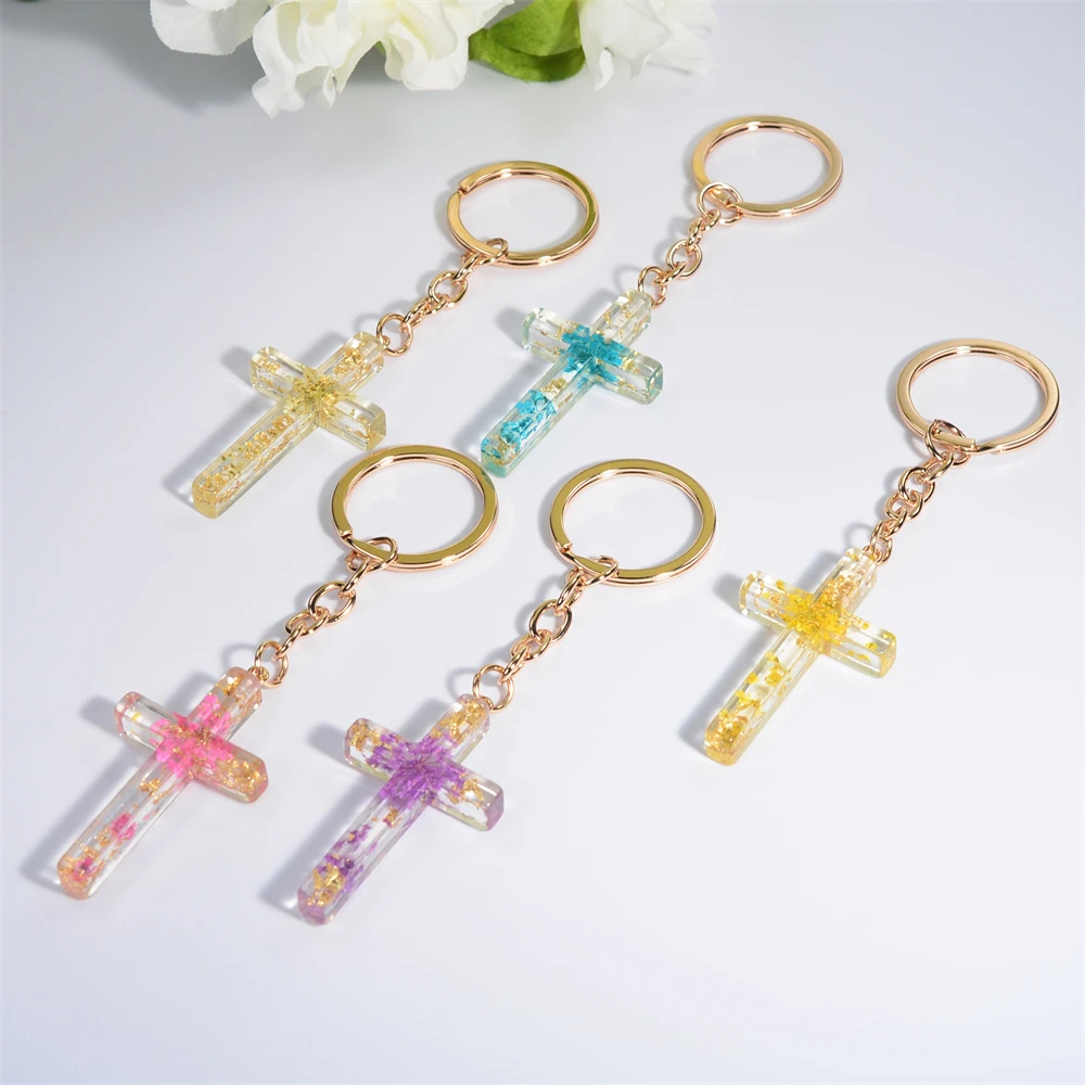 Handmade Resin Cross Keychain with Colorful Dried Flower Pendant for ...