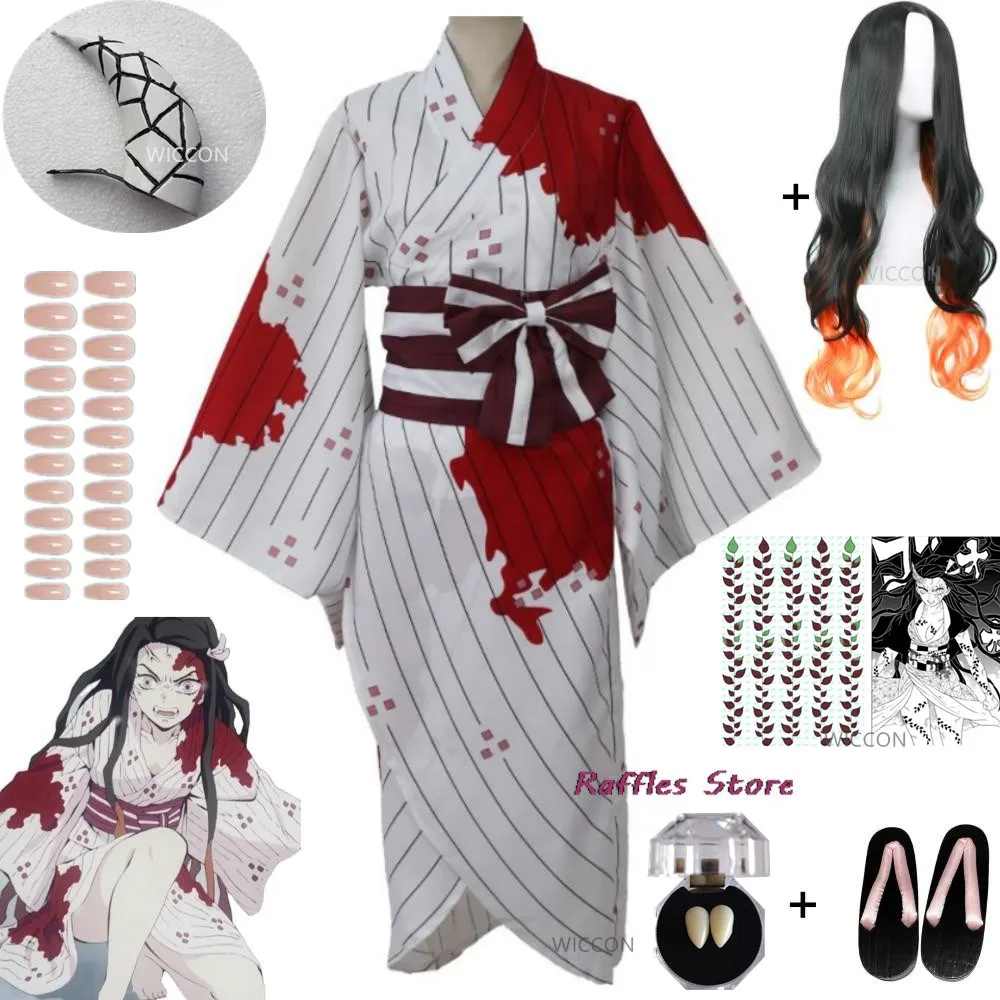 Anime-Kamado-Nezuko-Cosplay-Costume-Wig-Clogs-White-Blood-Stain-Kimono ...