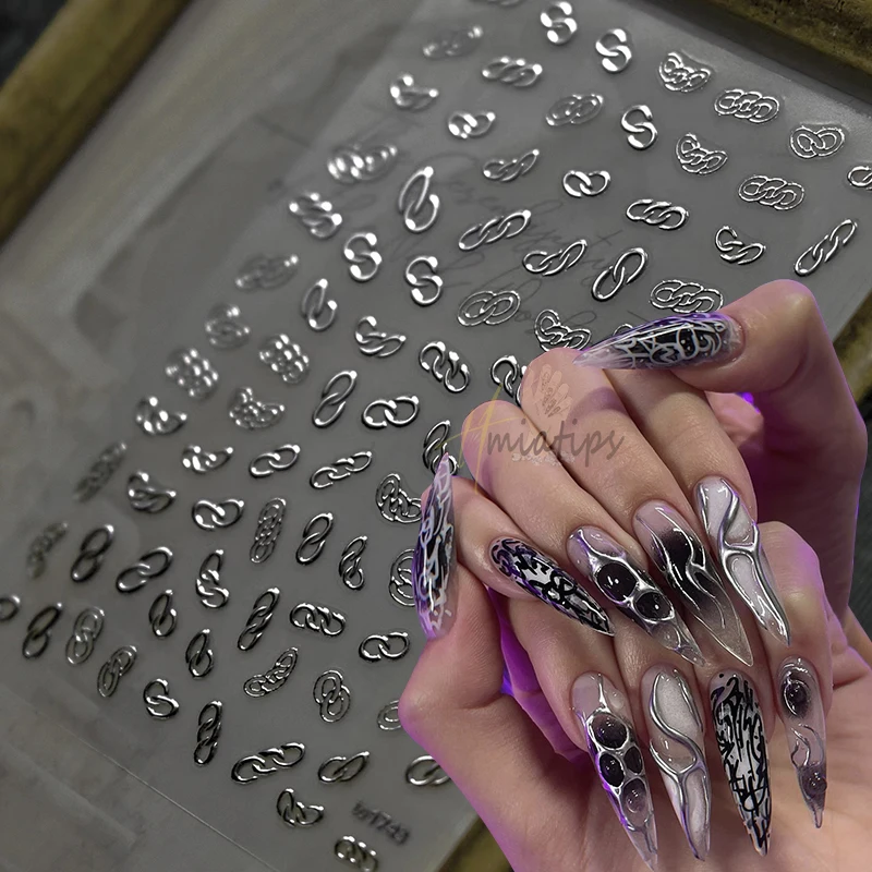 5D-Silver-Chain-Nail-Art-Stickers-Geometric-Lines-Punk-Nails-Butterfly ...