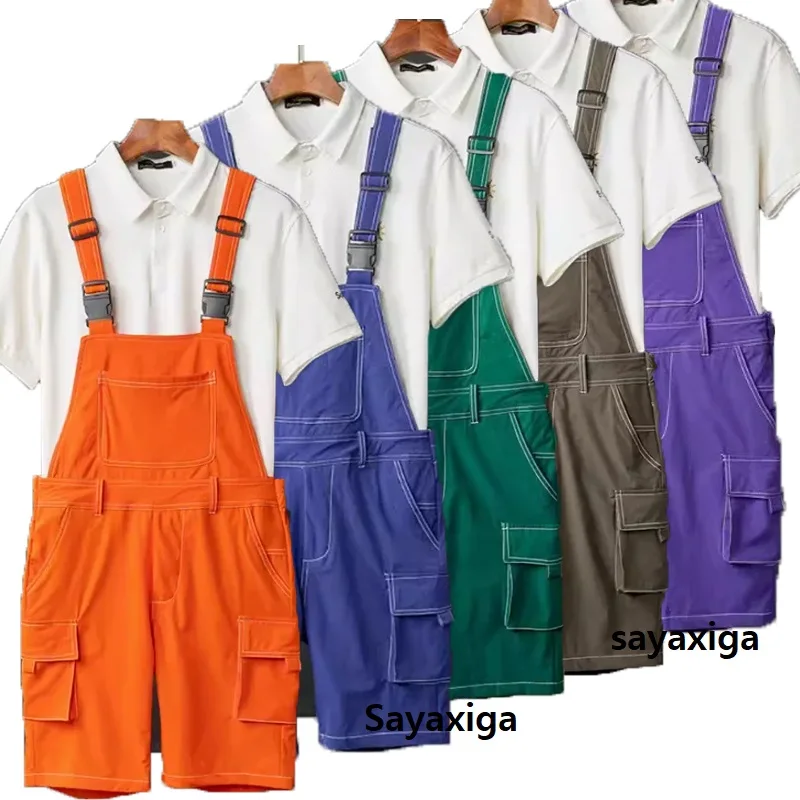 2024Summer men Bib overalls strap pants candy color multi pockets short ...