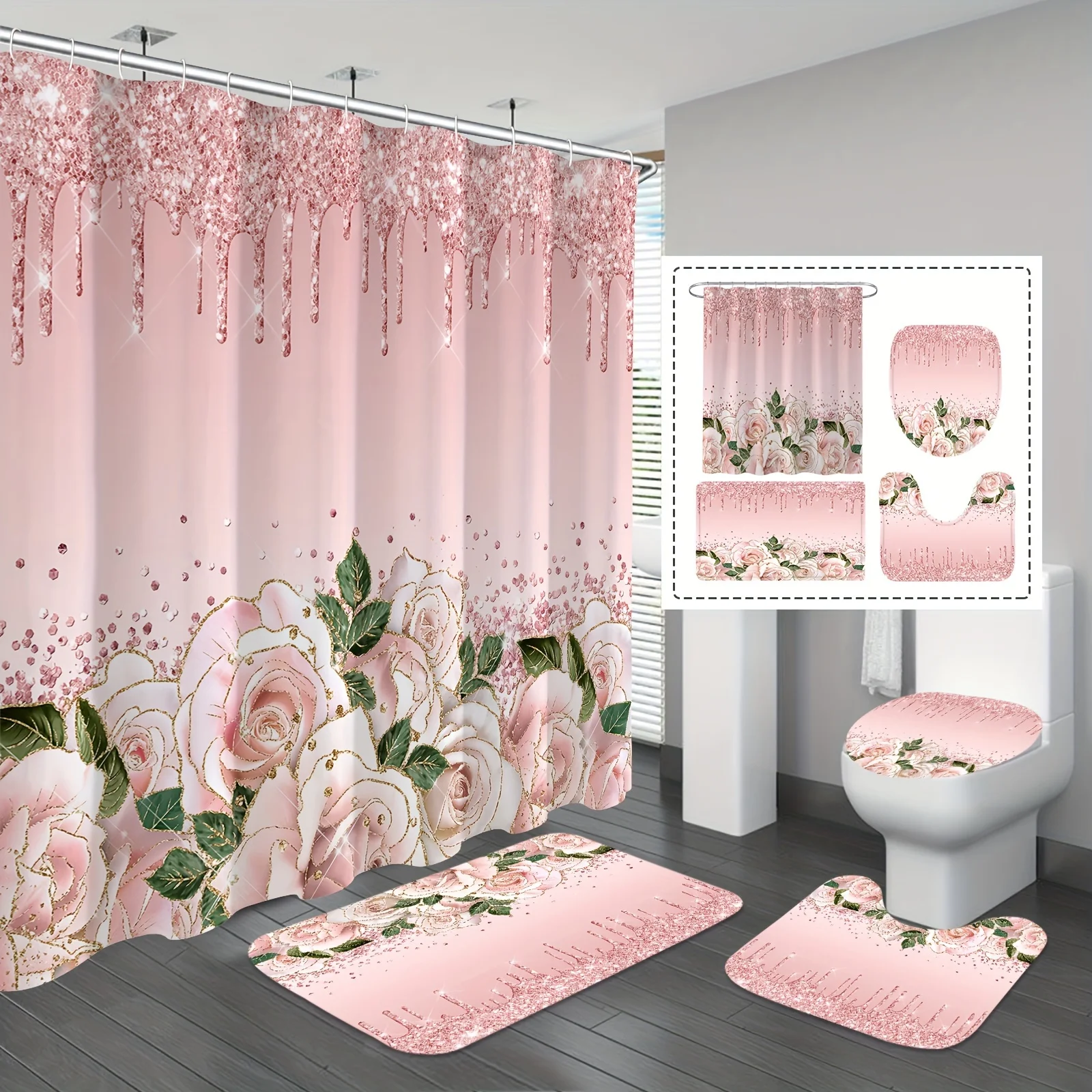 Elegant Pink Roses Bathroom Four-Piece Set - Romantic Waterproof Shower ...