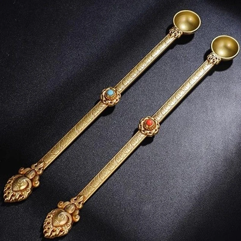 Gold Buddhist Spoon Inlaid Gem Alloy Handicraft Tibetan Buddhism ...