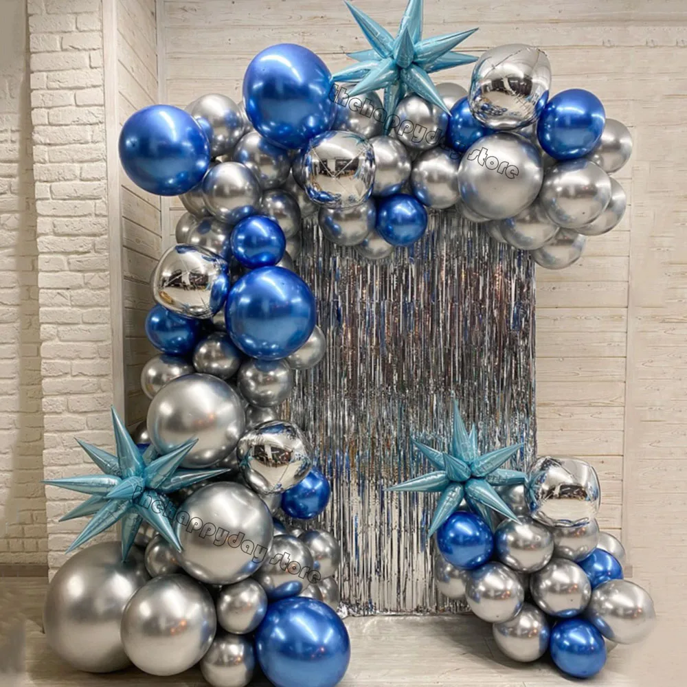 Metal-Blue-Silver-Balloons-Arch-Garland-Kit-Cone-Explosion-Star-Foil ...