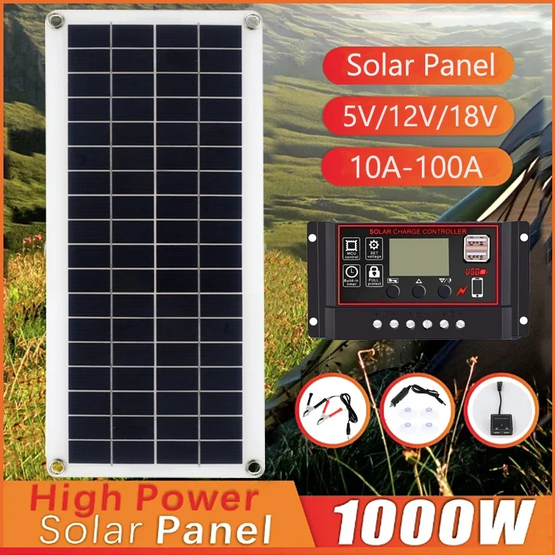 1000W-Solar-Panel-12V-USB-Charging-Solar-Cell-100A-Controller-Portable ...