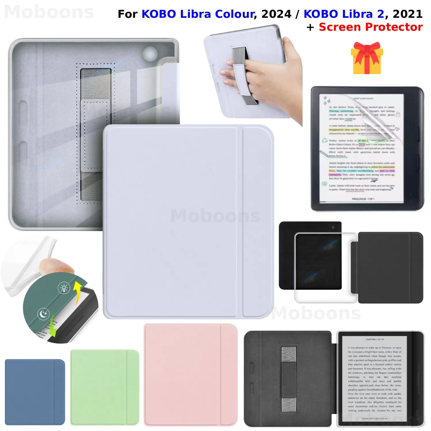 For KOBO Libra 2/Libra Colour Case with Hand Strap + Screen Protector ...
