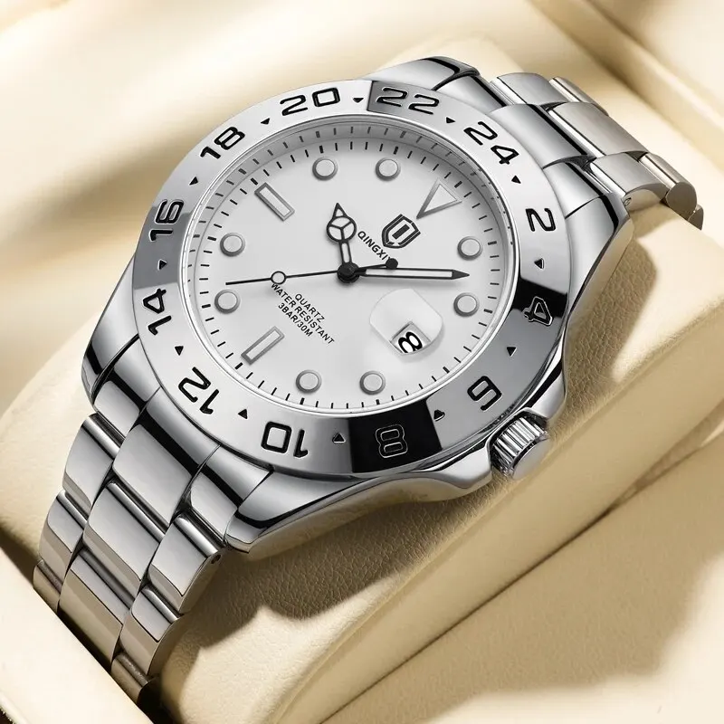 QINGXIYA Brand Luxury Men Quartz Watch Solid Stainless Steel Strap ...