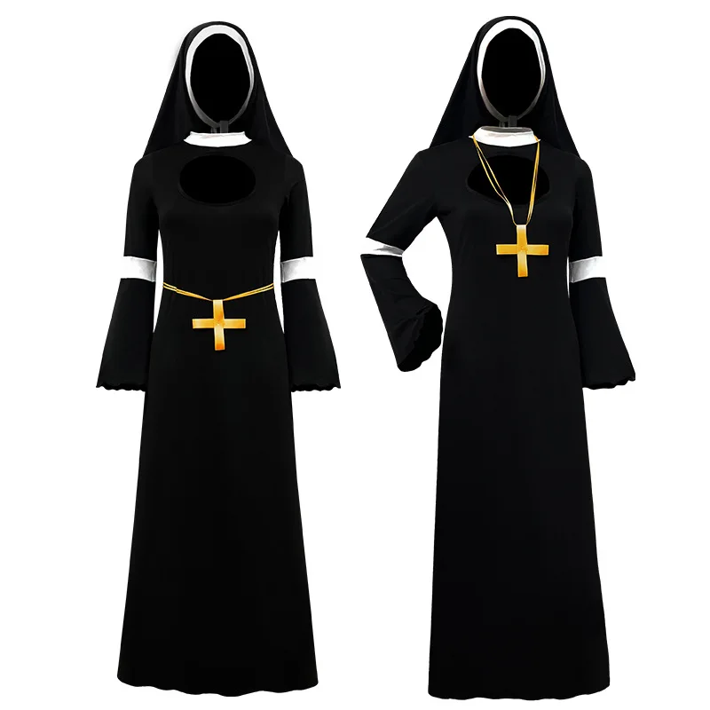 Sexy-Nun-Costume-Adult-Women-Cosplay-Dress-With-Hood-Black-Nun-Sister ...