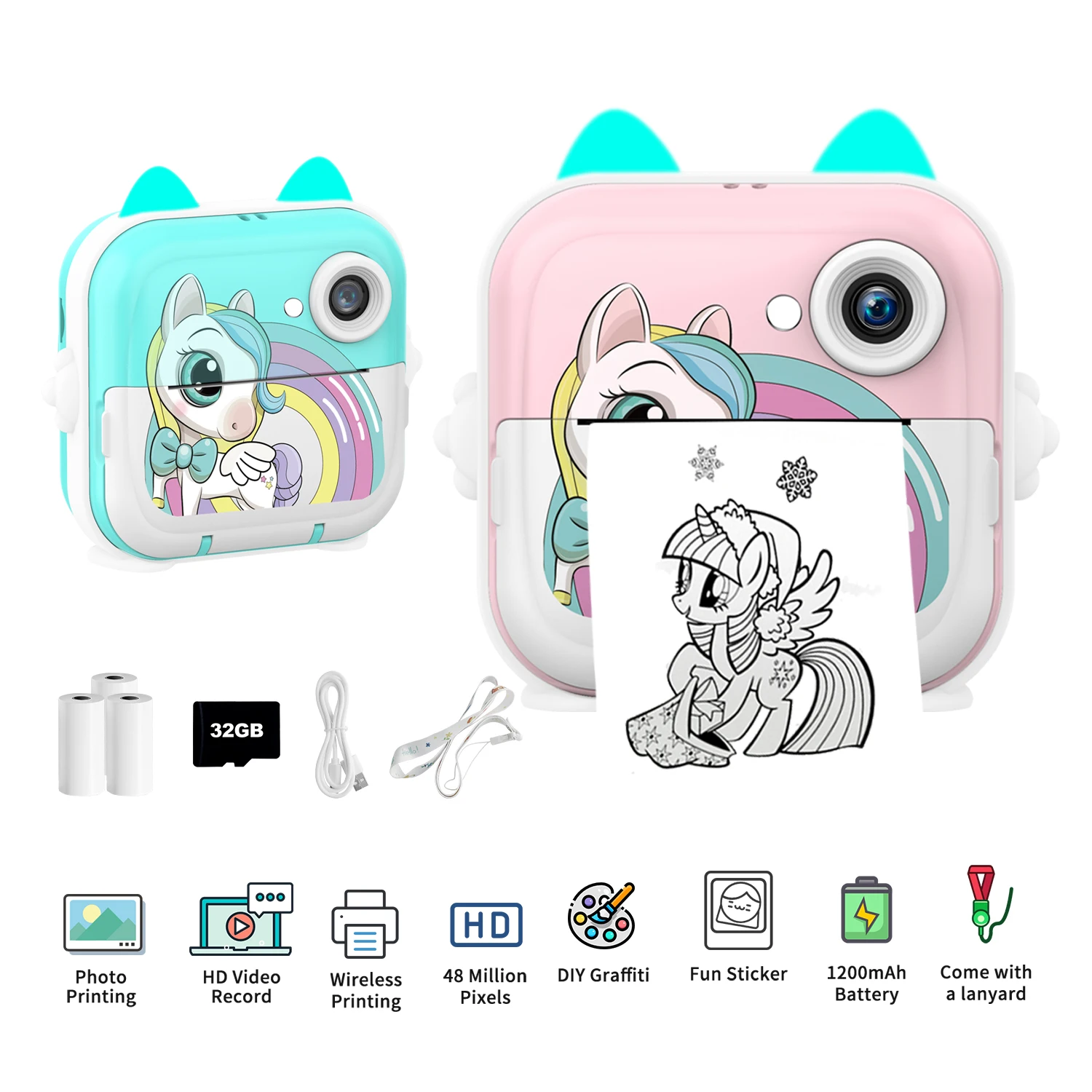 Kids Camera Toys Photo Instant Print Video Record 32G TF Card Digital ...