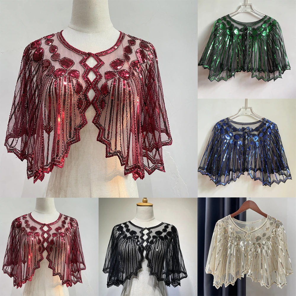 Women's 1920s Shawl Beaded Sequin Deco Evening Cape Bolero Flapper ...