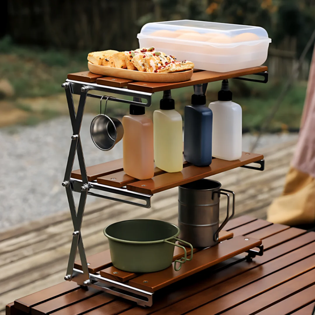 Folding Shelf Outdoor Camping Triple Shelf Solid Wood Foldable Portable ...