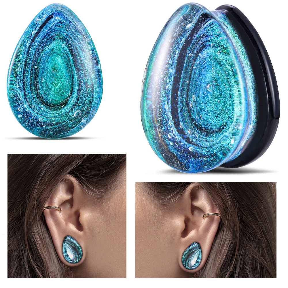 1PC-Glass-Galaxy-Water-Drop-Ear-Expanders-Ear-Gauges-Drop-Piercing ...