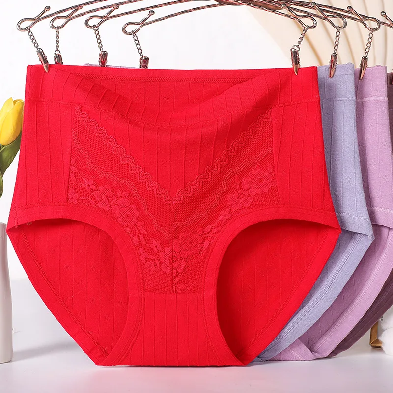 Red Underwear Women's Middle aged and Elderly Cotton Fabric Lace High ...