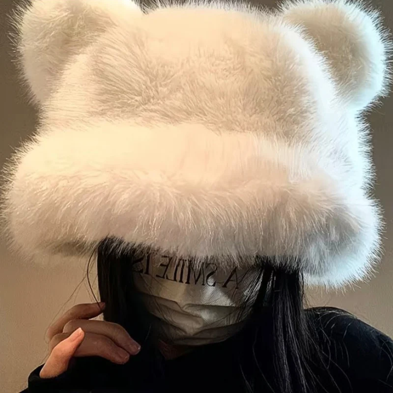 Thicken Plush Fur Hats Bear Ear Fur Cap Mongolian Hat Brimless Plush ...