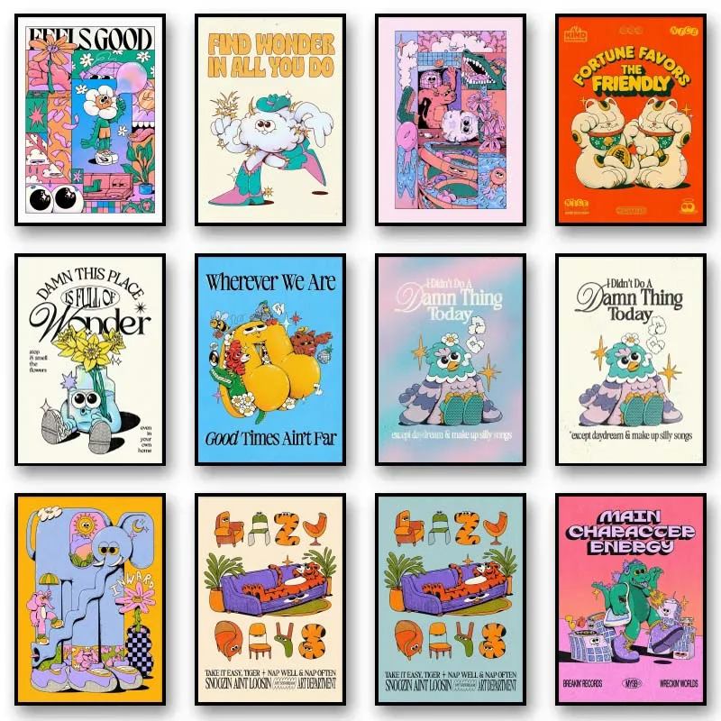 Vintage Cartoon Print Canvas Posters Animals Flowers Quotes Wall Art ...
