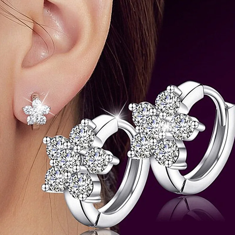 Clear Zirconia Flower 925 Sterling Silver Small Round Loop Huggies Hoop ...