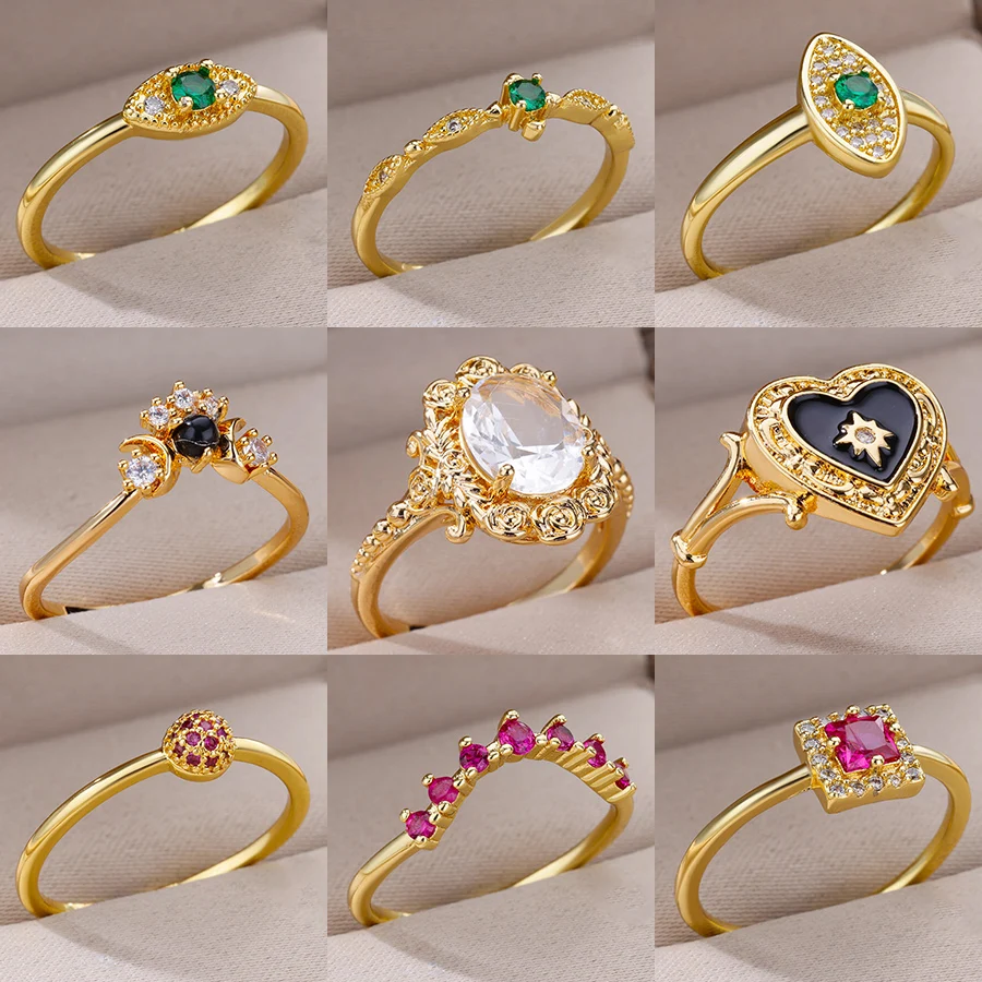 Gold-Color-Stainless-Steel-Ring-for-Women-Colorful-Cubic-Zircon-Heart ...