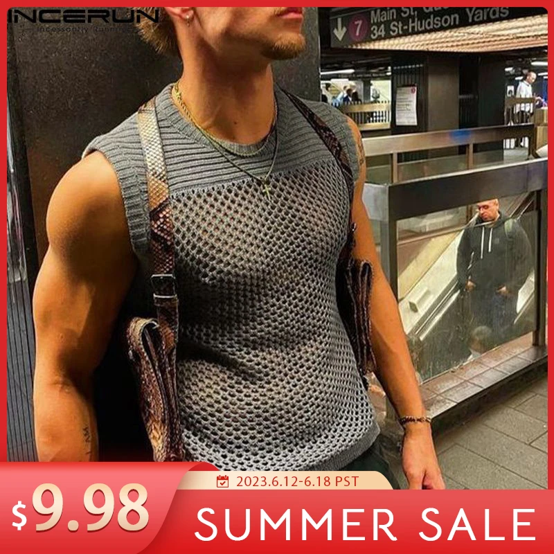 2023 Men Tank Tops Mesh Patchwork Transparent Breathable O-neck ...