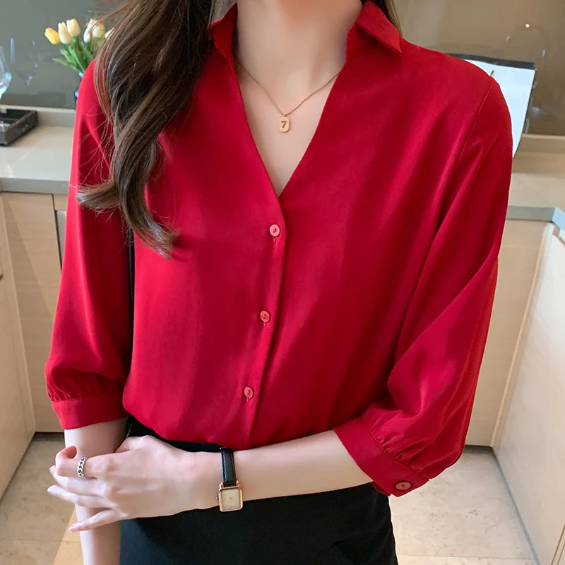 Women-s-Shirt-Vintage-Red-Button-Blouses-for-Women-Short-Sleeve-Shirts ...