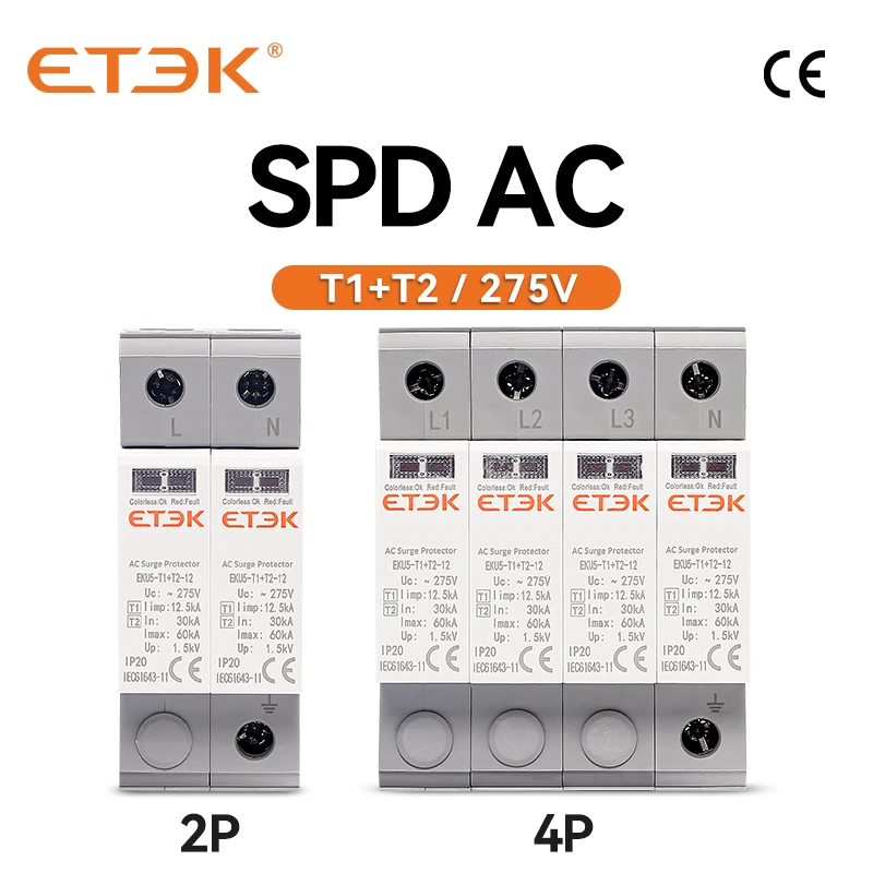 ETEK SPD AC House Surge Protective Device 275V Protector Arrester Protection Type T1+T2 2P 4P ...