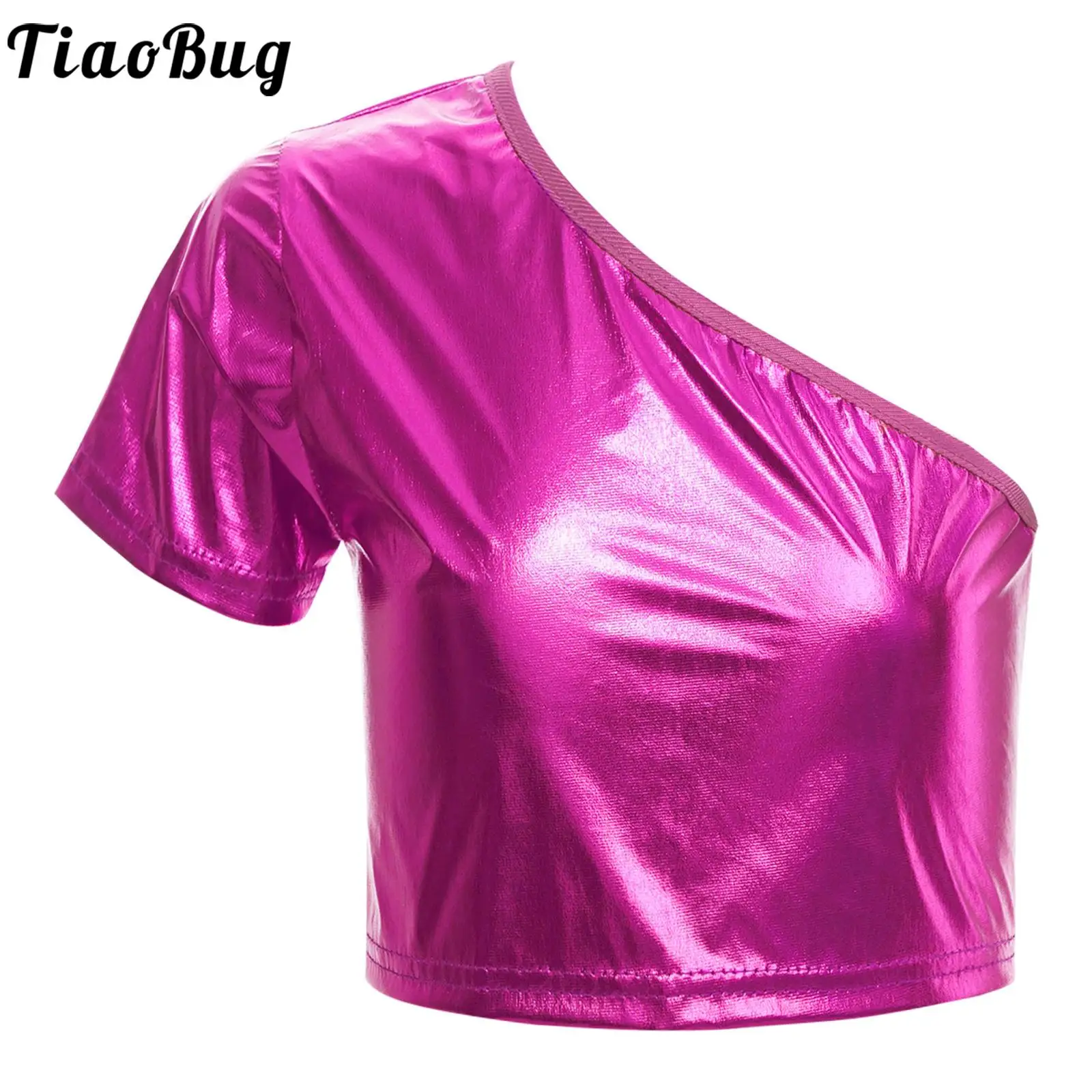 Kids Girls Boys Metallic Shiny Dance Crop Tops One Shoulder Short ...