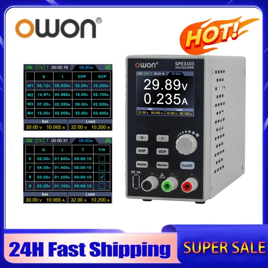OWON SPE Programmable DC Power Supply 300W 30V/10A 60V/10A 2.8" LCD 10mV/1mA Resolution Digital ...
