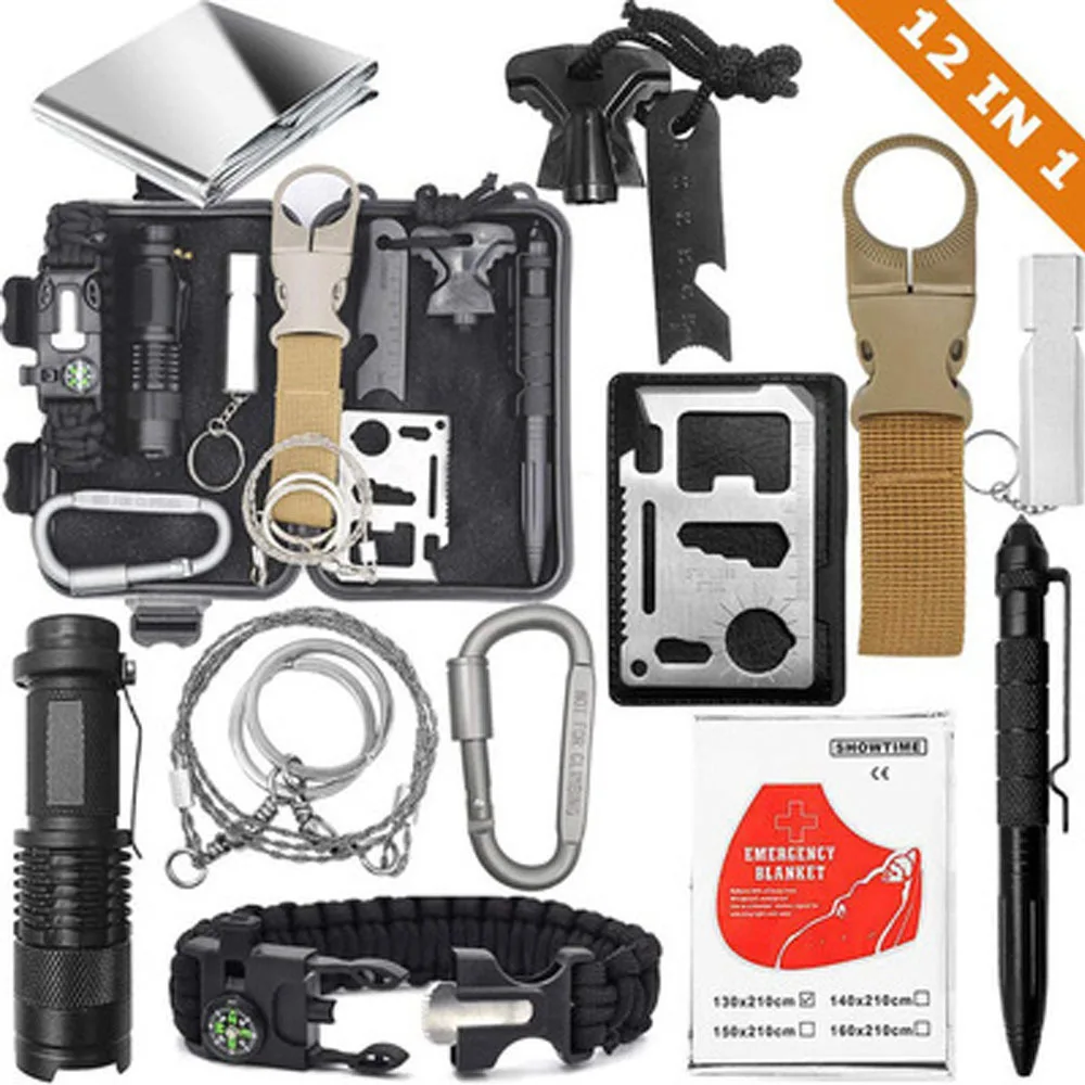 12-in-1Camping-Survival-Kit-Set-Outdoor-Travel-Multifunction-Tactical ...