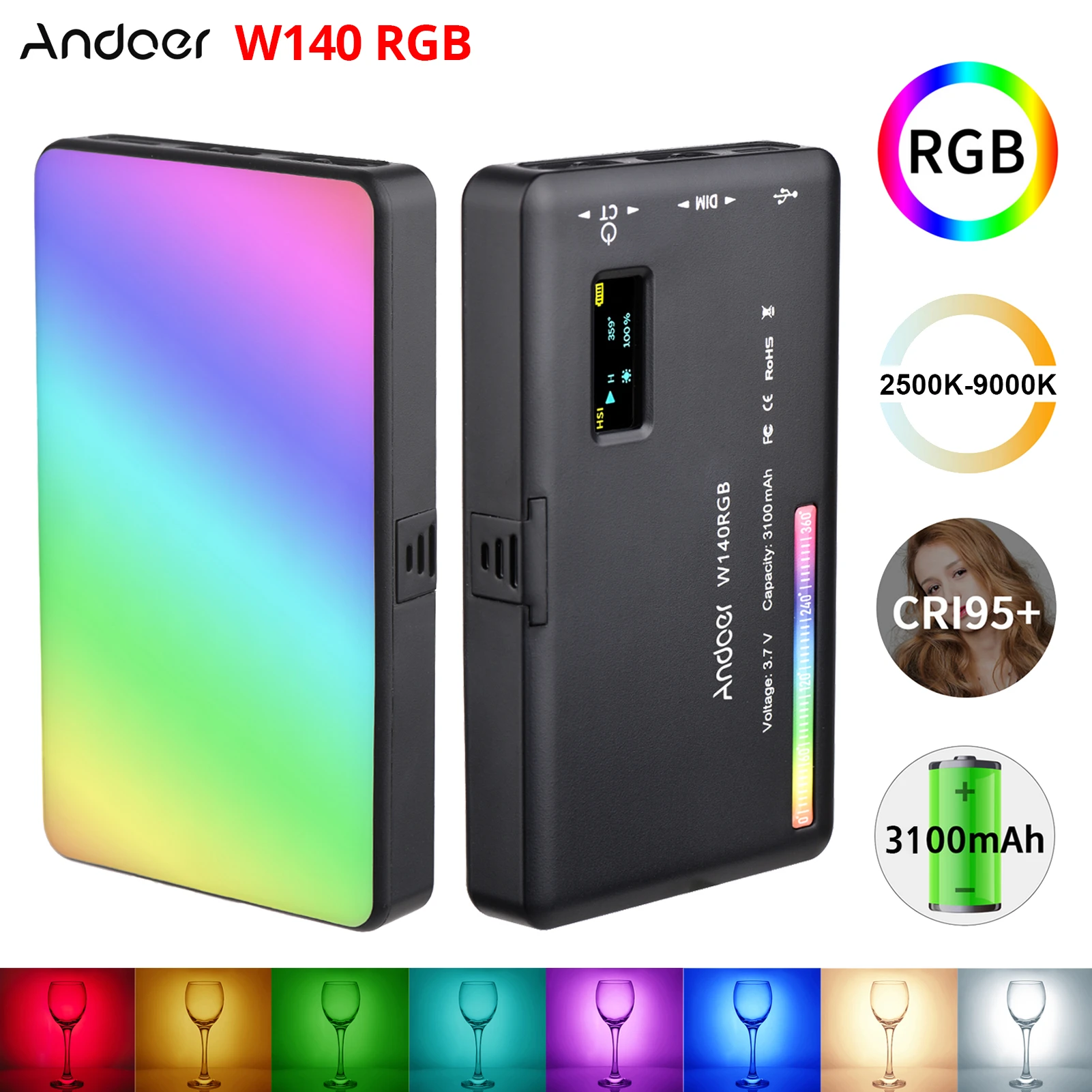 Andoer W140 RGB LED Video Light Rechargeable Fill Light CRI95+ 2500K 9000K Dimmable 20 Lighting ...