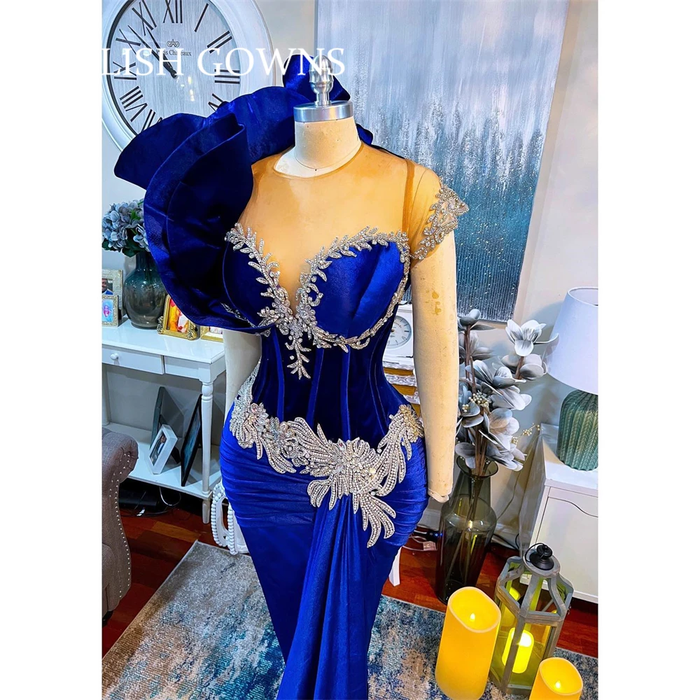 Royal Blue Sheer O Neck Evening Dress For Black Girls Sparkly Beaded ...