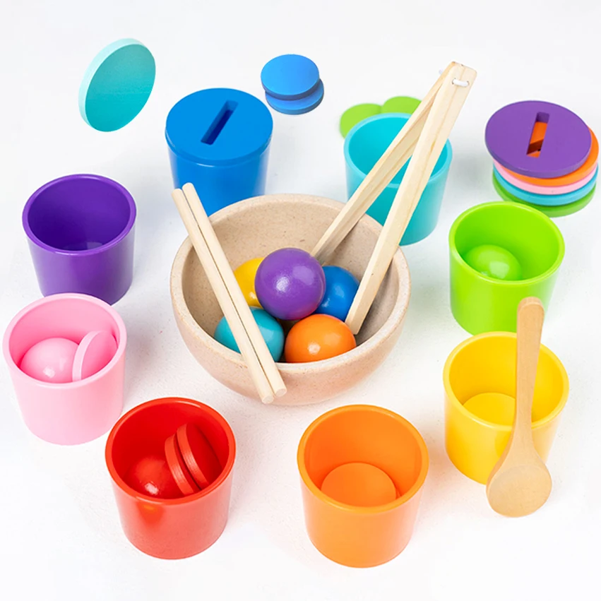 Montessori Wooden Toy Color Matching Game Rainbow Balls in Cups Early ...