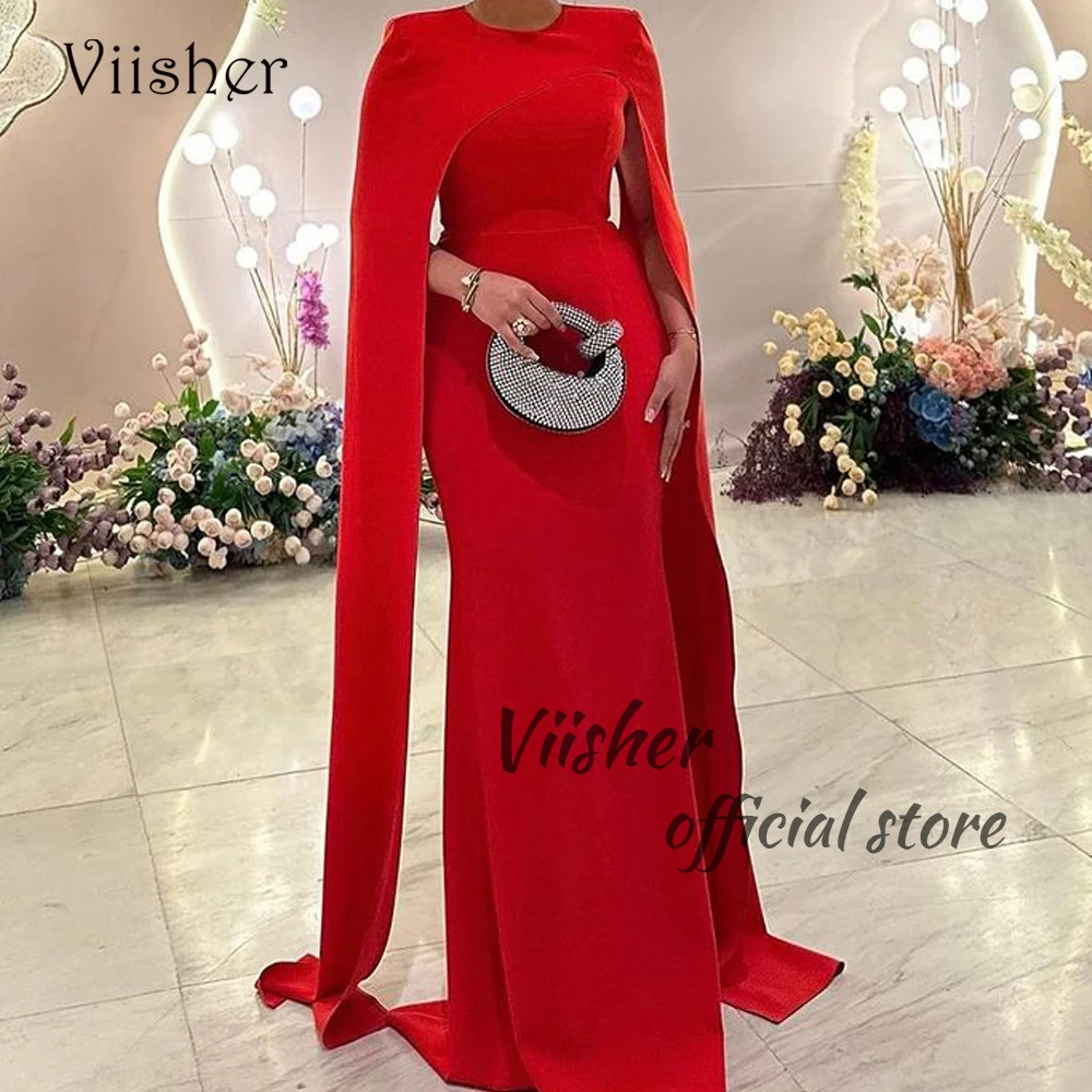 Red-Satin-Mermaid-Evening-Dresses-with-Cape-O-Neck-Arabian-Dubai-Formal ...