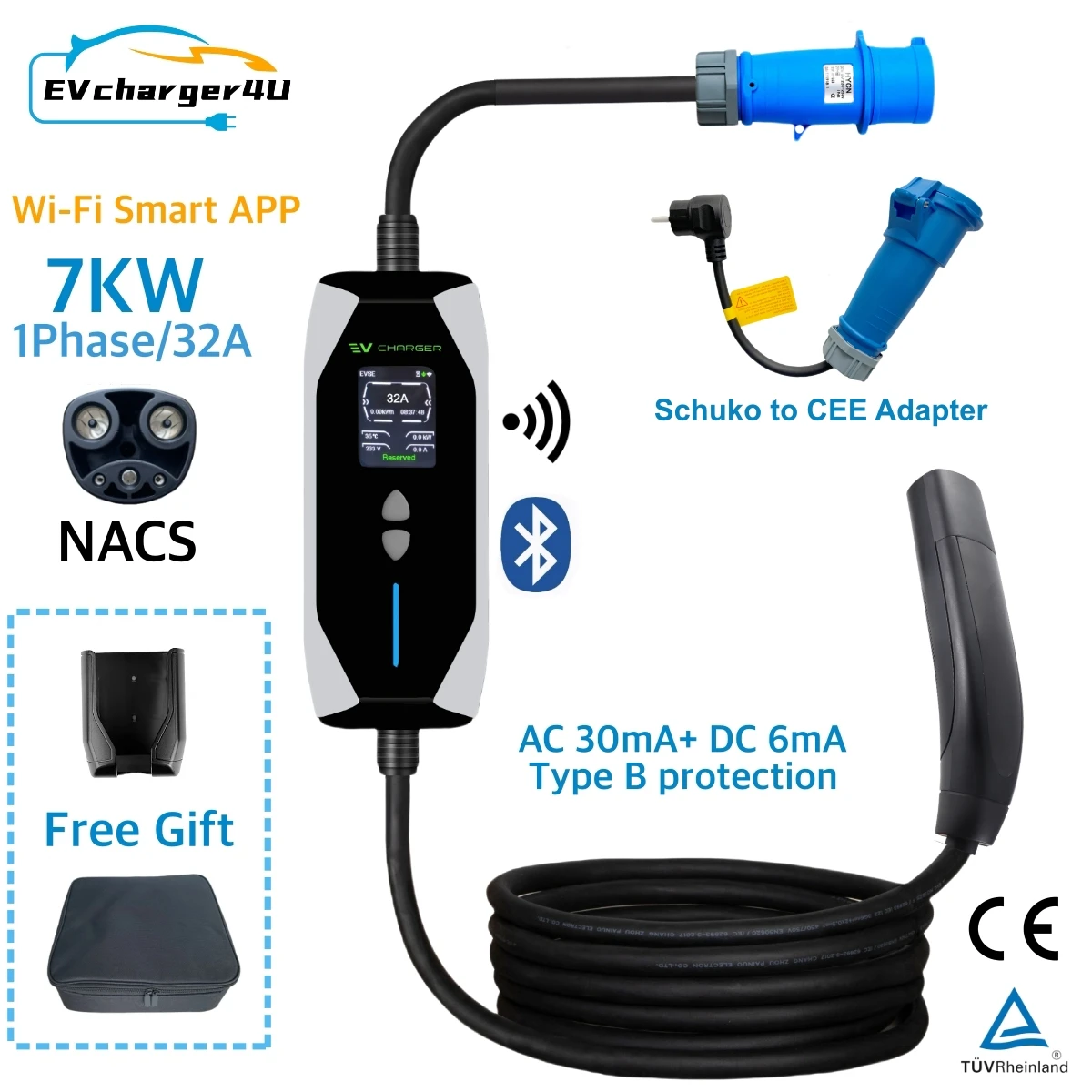 EVcharger4U 7KW NACS cargador EV portátil EVSE 1 fase 32A 5M Cable ...