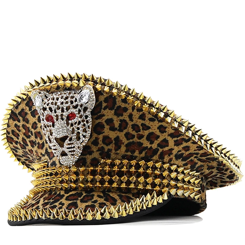 Hip-Hop-Women-Sequin-Burning-rivet-Leopard-Military-Hat-Handmade-Luxury ...