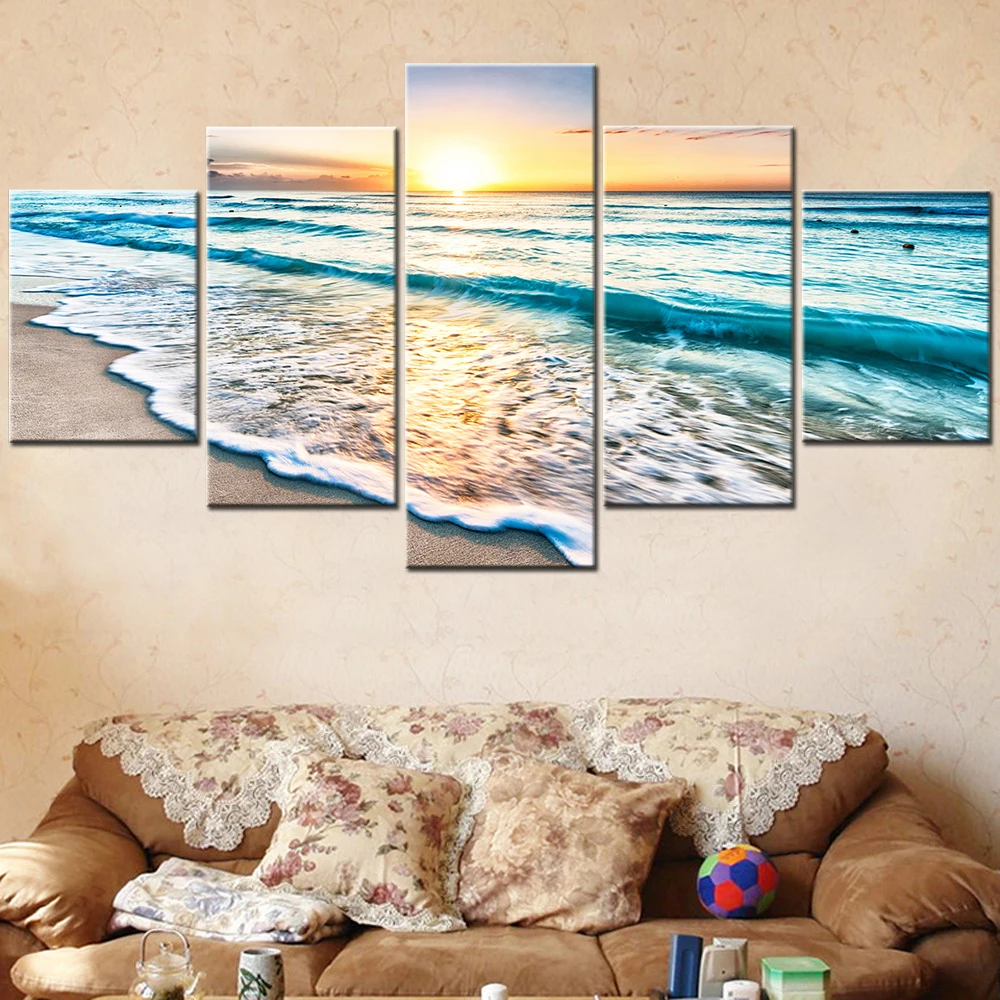 5-Panels-Wall-Art-Canvas-Print-Seascape-Painting-Beach-Sea-Sunrise ...