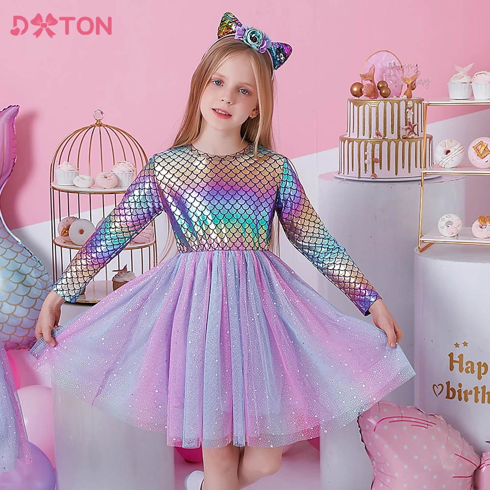 DXTON-Kids-Princess-Dresses-for-Girls-Children-Mermaid-Print-Birthday ...
