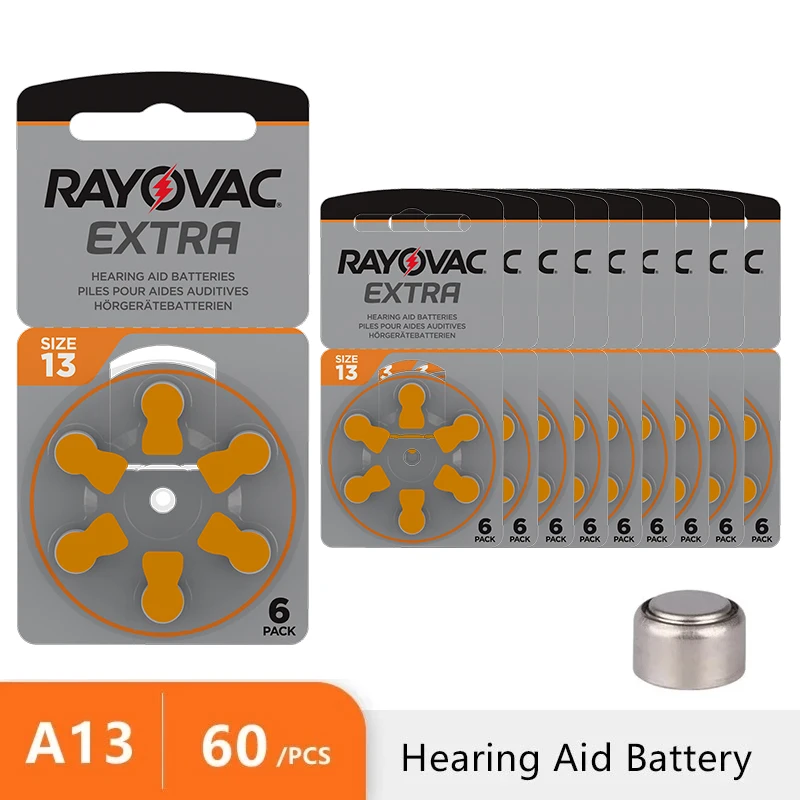 60PC Hearing Aids Battery A13 13A 13 P13 PR48 1.45V RAYOVAC EXTRA Zinc Air Batteries For BTE CIC ...