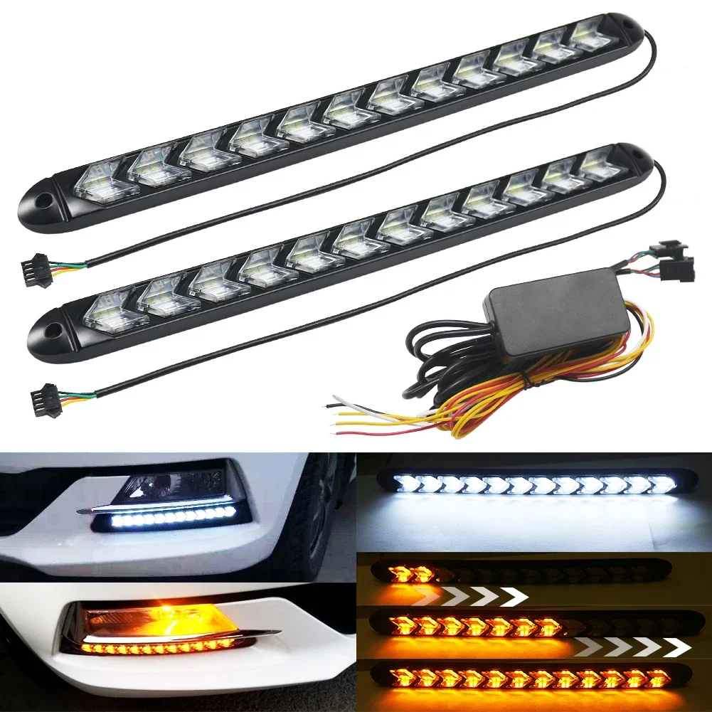 Led Car Daytime Running Light Strip 2Pcs Waterproof Sequential Flexible Yellow Arrow FlowTurn ...