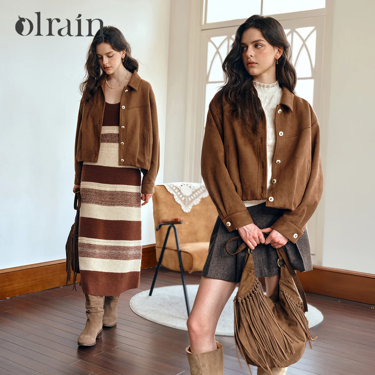 OLrain Jacket Woman Vintage Loose Brown Suede Short Coats Spring 2026 ...