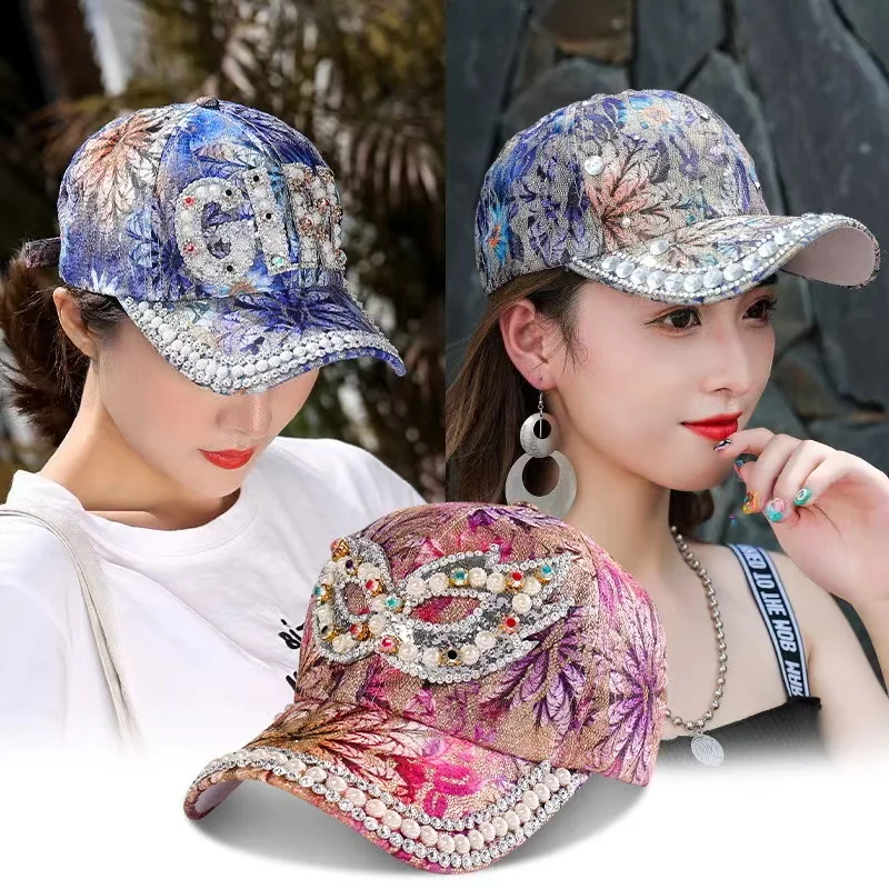 New-Fashion-Women-Multicolor-Printing-Baseball-Cap-Bling-Pearl ...