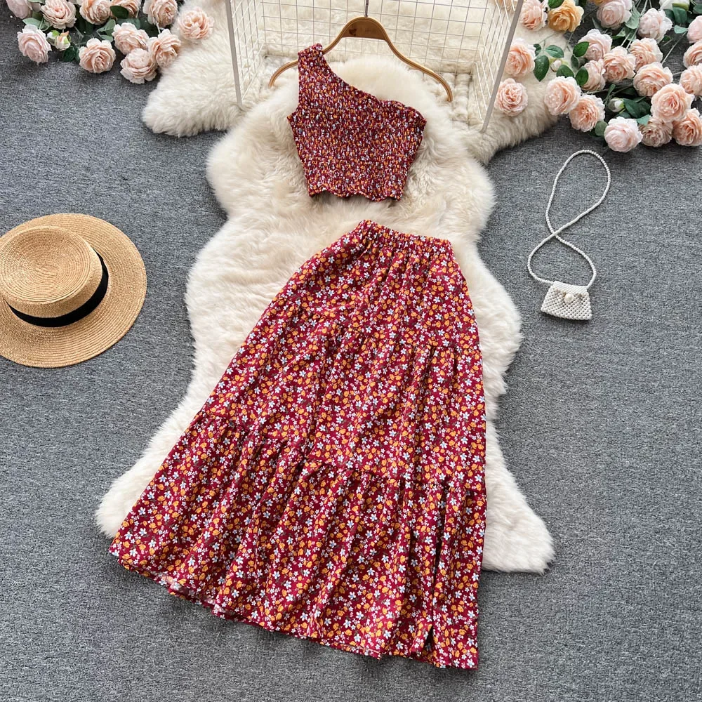 Conjunto-de-falda-Floral-elegante-para-mujer-Top-corto-de-un-hombro-y ...