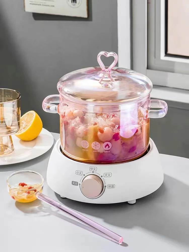 Pink Glass Stockpot Transparent Binaural Soup Pot 1.5L Noddle Bowl ...