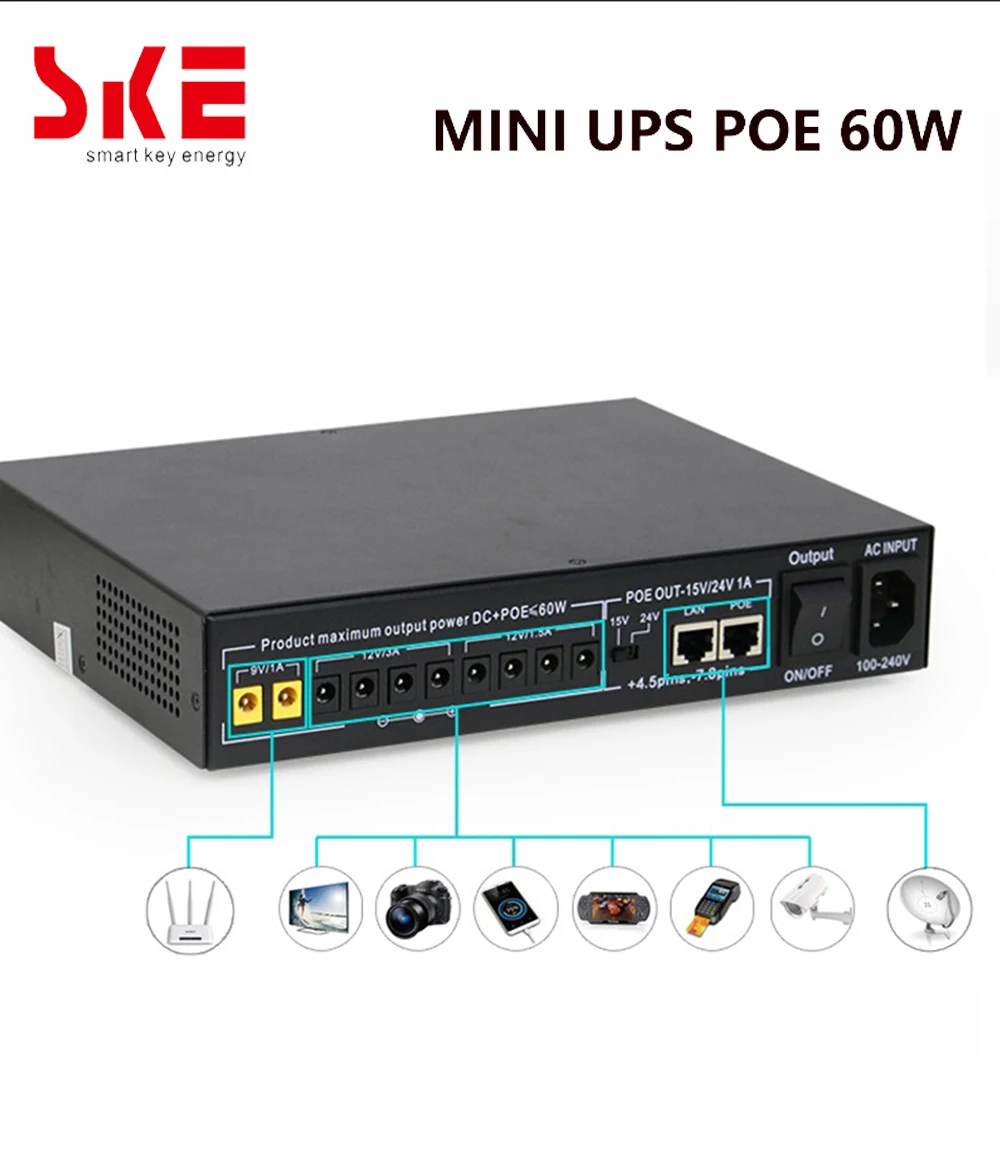 SKE Mini DC UPS POE 60W UPS 8*2200mah Battery Portable Battery Backup Uninterrupted Power Supply ...