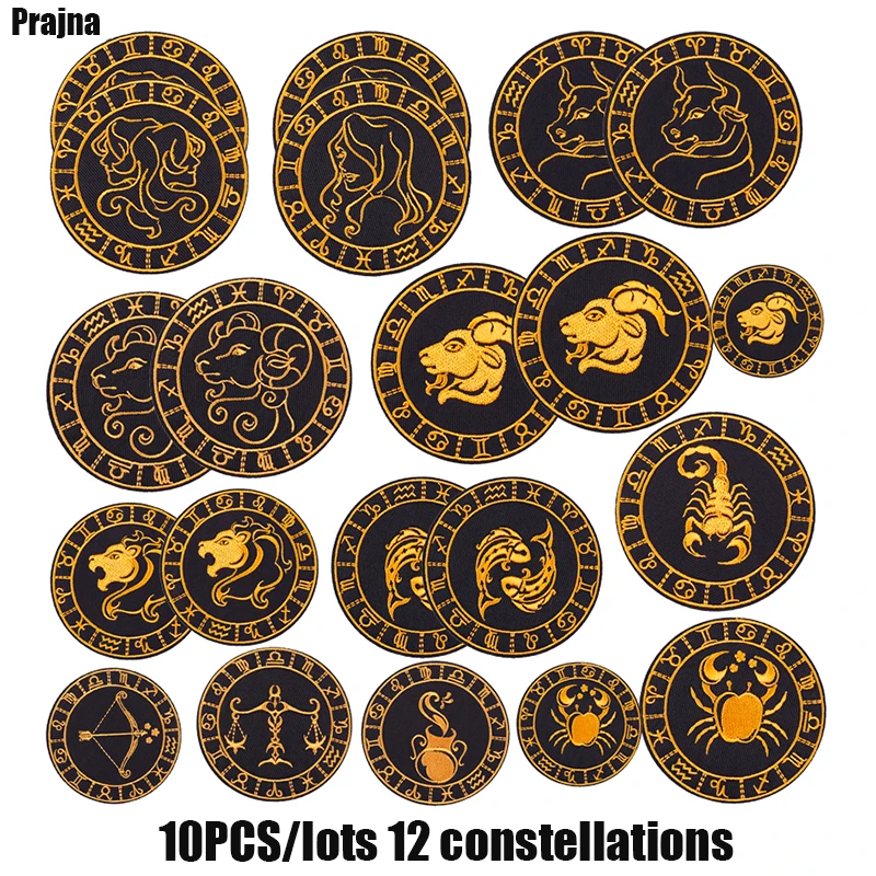 10PCS-New-Black-Gold-Style12-Constellations-Patch-Embroidered-Patches-DIY-Iron-On-Patches-For ...